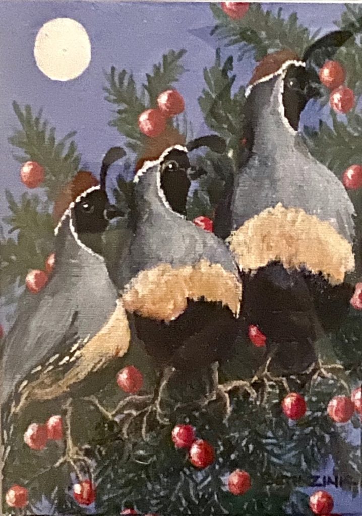 Holiday Cards CHR-1118Santa Quail with Ornaments 1 - Beth Zink Art