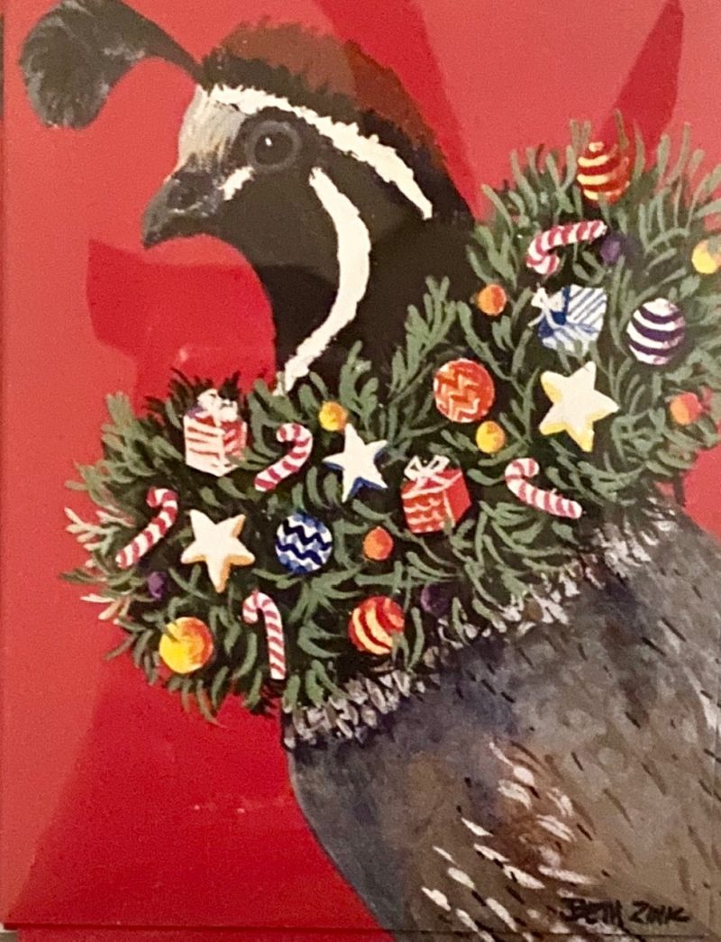 Holiday Cards CHR-1118Santa Quail with Ornaments 1 - Beth Zink Art